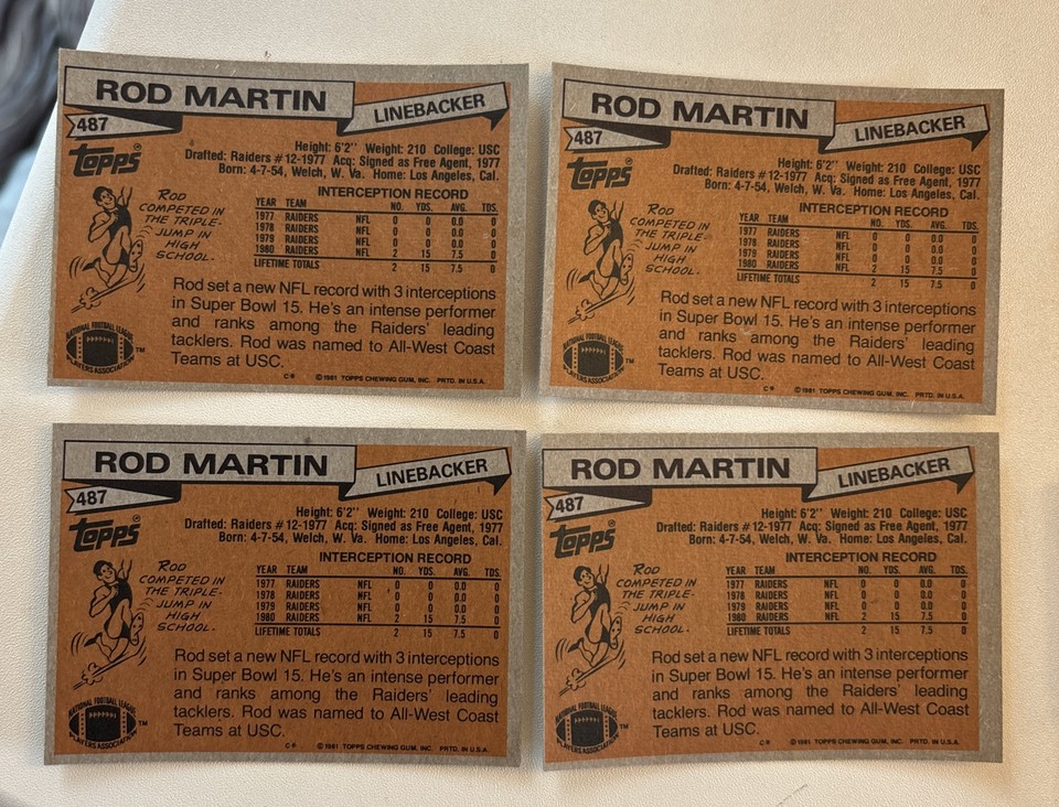 Rod Martin 1981 Topps #487 Oakland Raiders / USC Trojans 4 Card Rookie ...