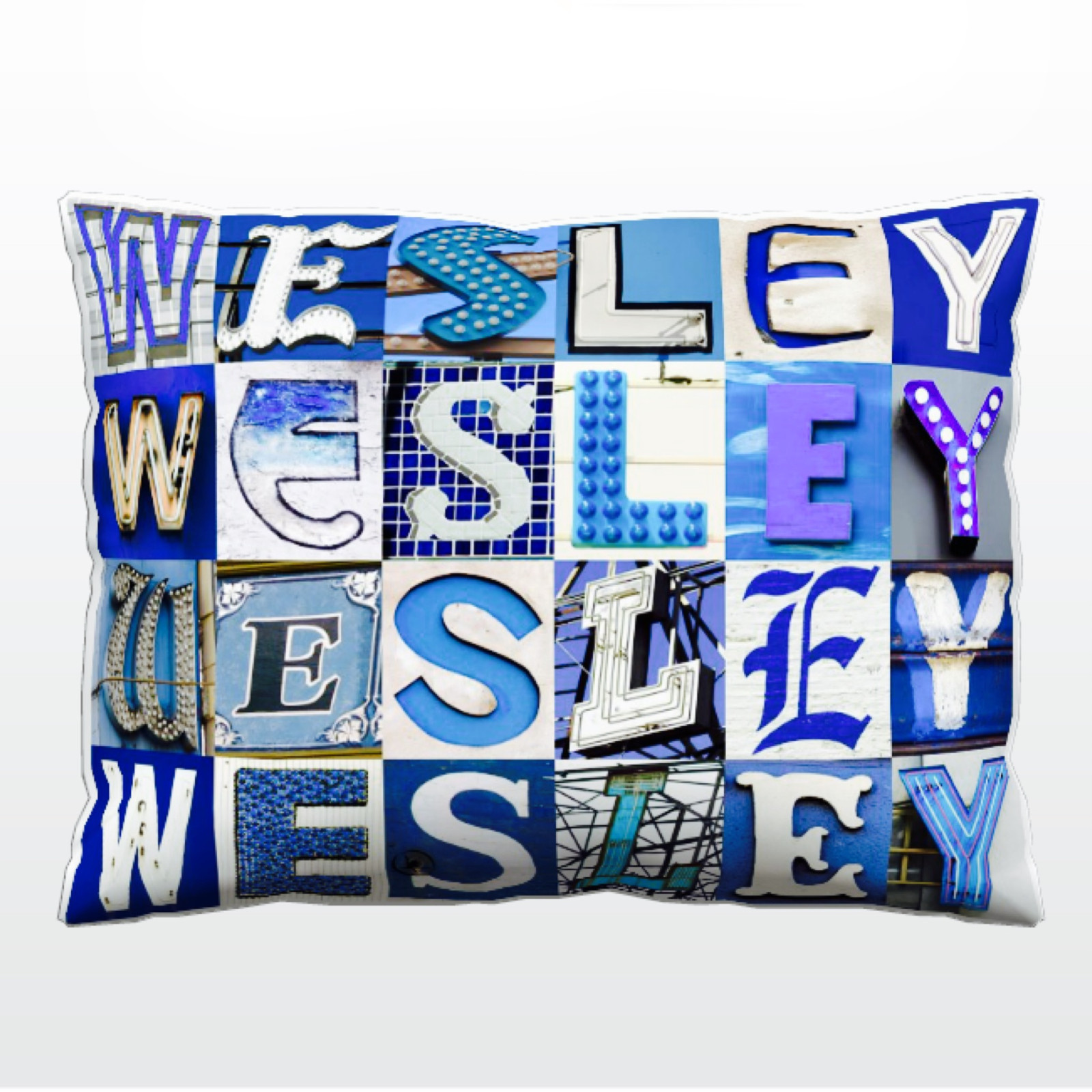 Personalized Pillow featuring the name WESLEY in photos of BLUE sign ...