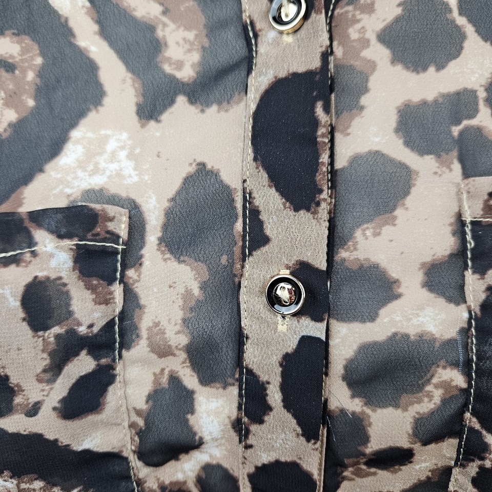 Leopard Print Sheer Button Up Blouse Med Asymmetrical Hem Long Sleeve ...