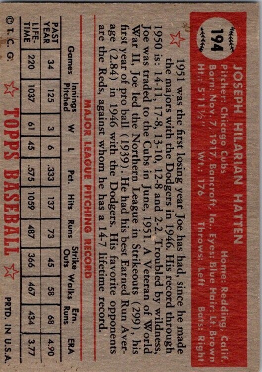 1952 Topps JOE HATTEN Chicago Cubs #194 EX+ Condition *Set Break* | eBay