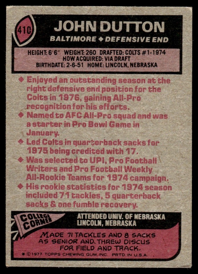 1977 Topps John Dutton Baltimore Colts #410 | eBay