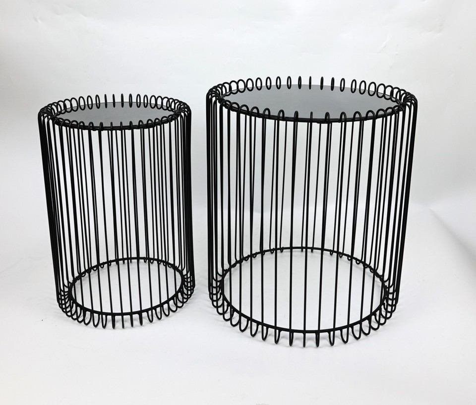 Nesting Set of 2 Round End Tables Wire Coffee Table Cage Mirrored Top ...