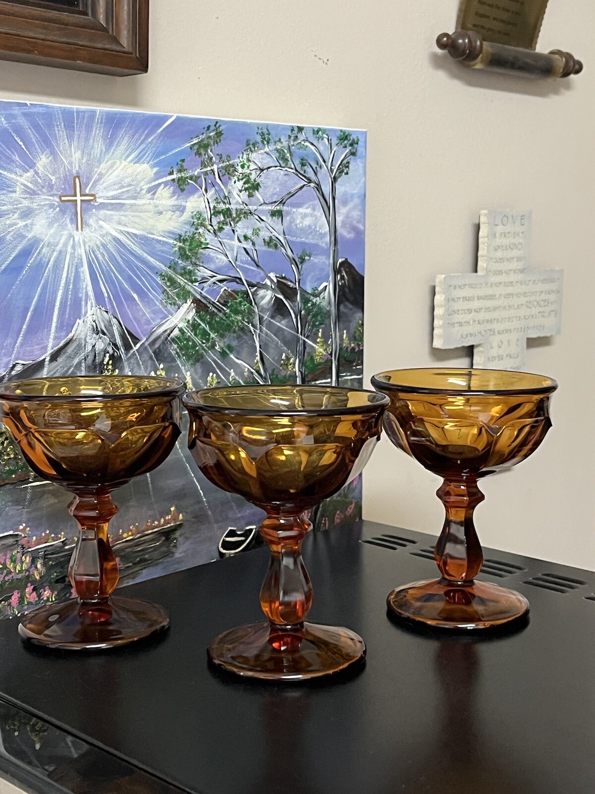 Set of 3 Amber Glass Wine Sherry Glass Sundae Dish 4.75” 2.5” Stem | eBay