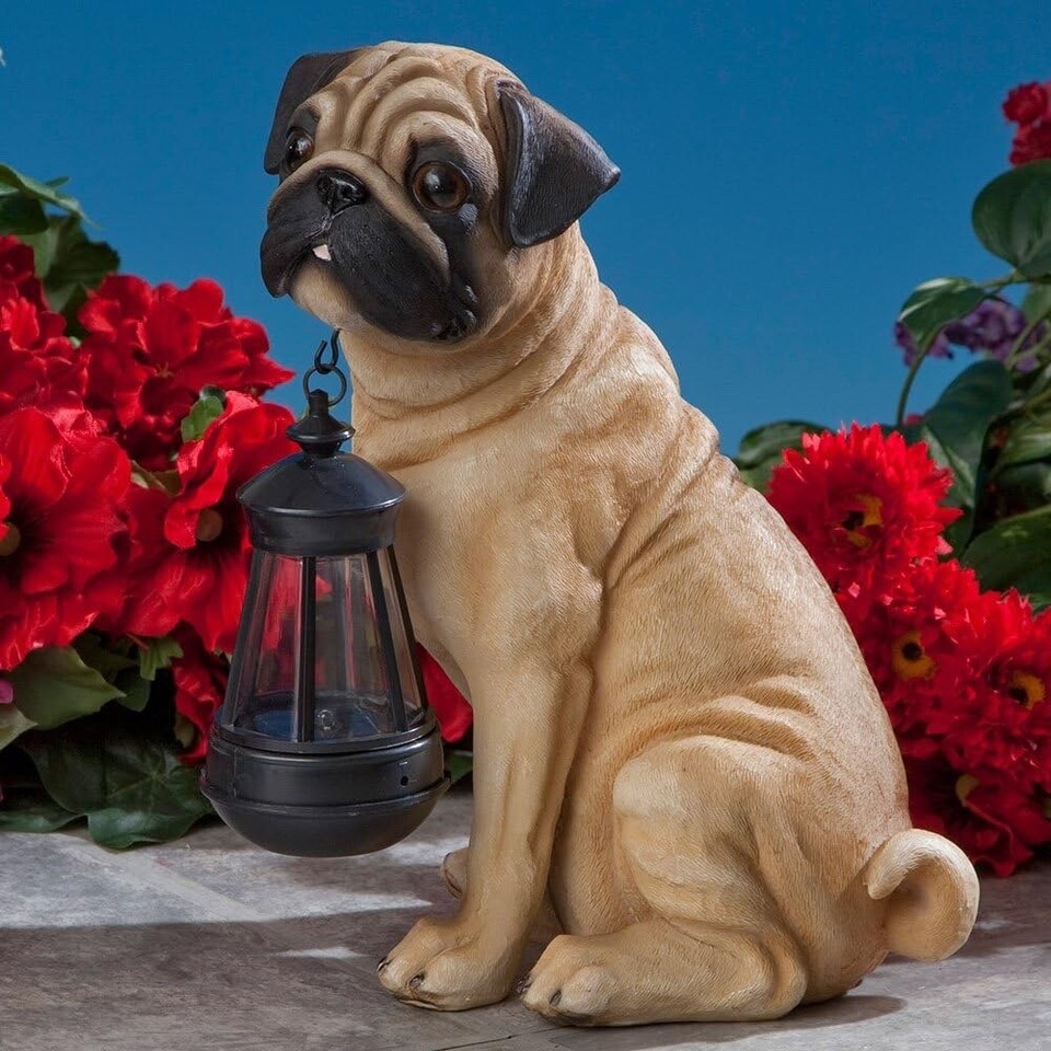 Realistic Fawn Pug Puppy Dog Garden Sculpture Holding Solar LED Lighted ...