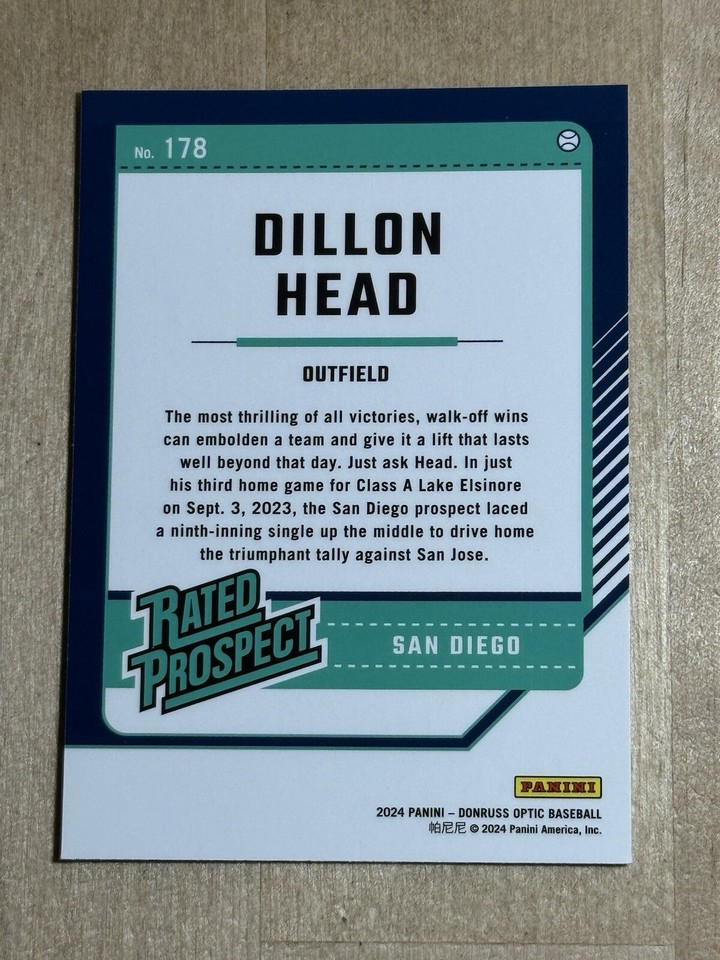 2024 San Diego Padres ROOKIE Dillon Head Panini Donruss Optic Rated ...