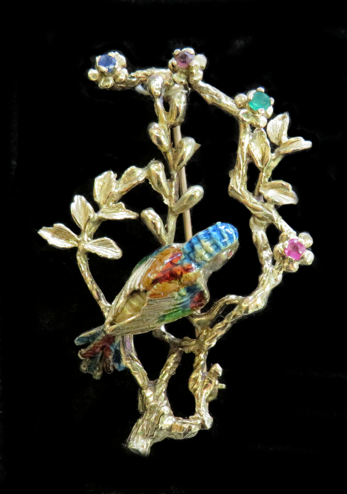 WONDERFUL VINTAGE 14K GOLD ENAMEL PARROT BIRD JEWELED BRANCHES PIN BACK ...
