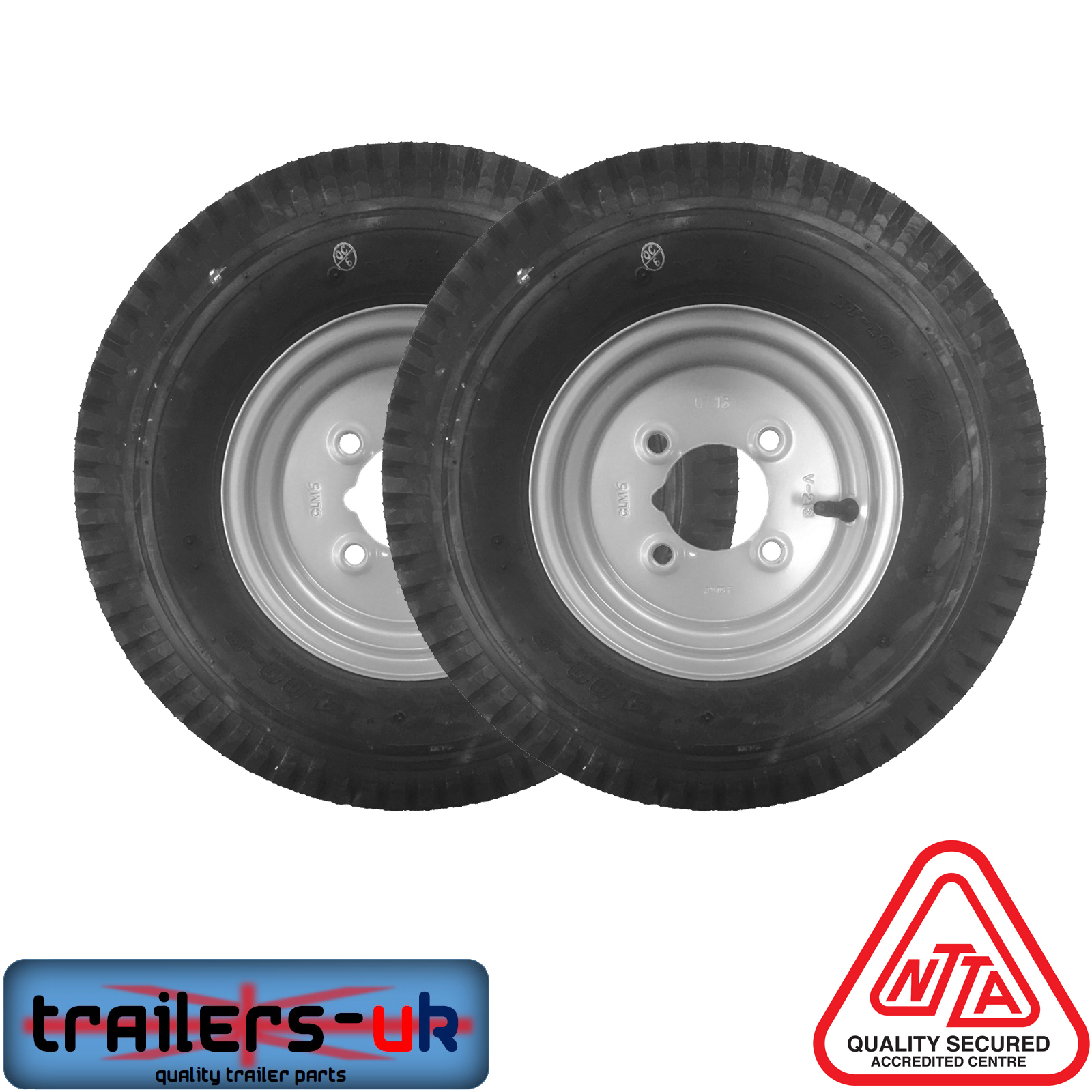 A pair 400 X 8 inch trailer wheel 4 ply high speed tyre 4 inch pcd ...