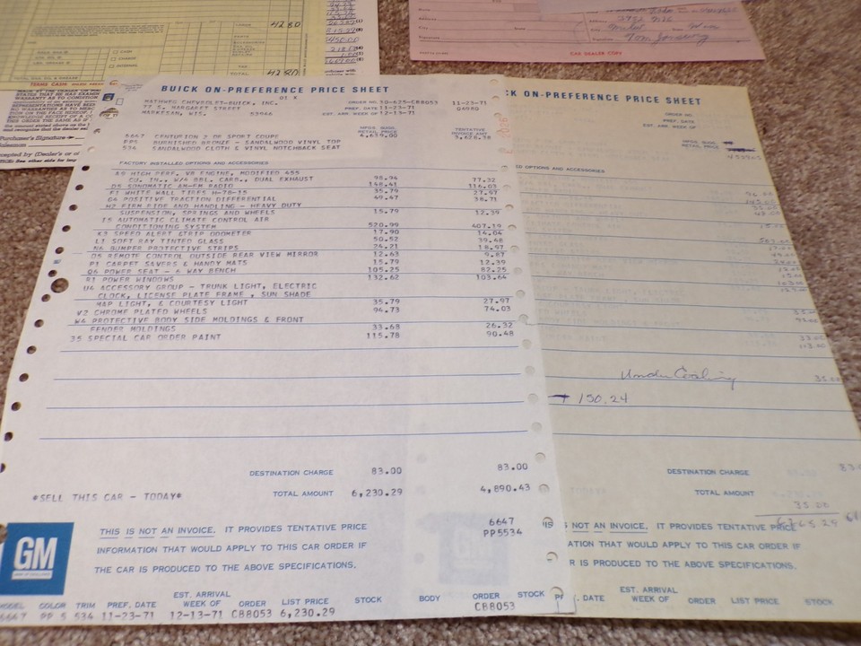 1972 Buick Centurion Coupe Price Sheet Dealer Sales/Order Documents ...