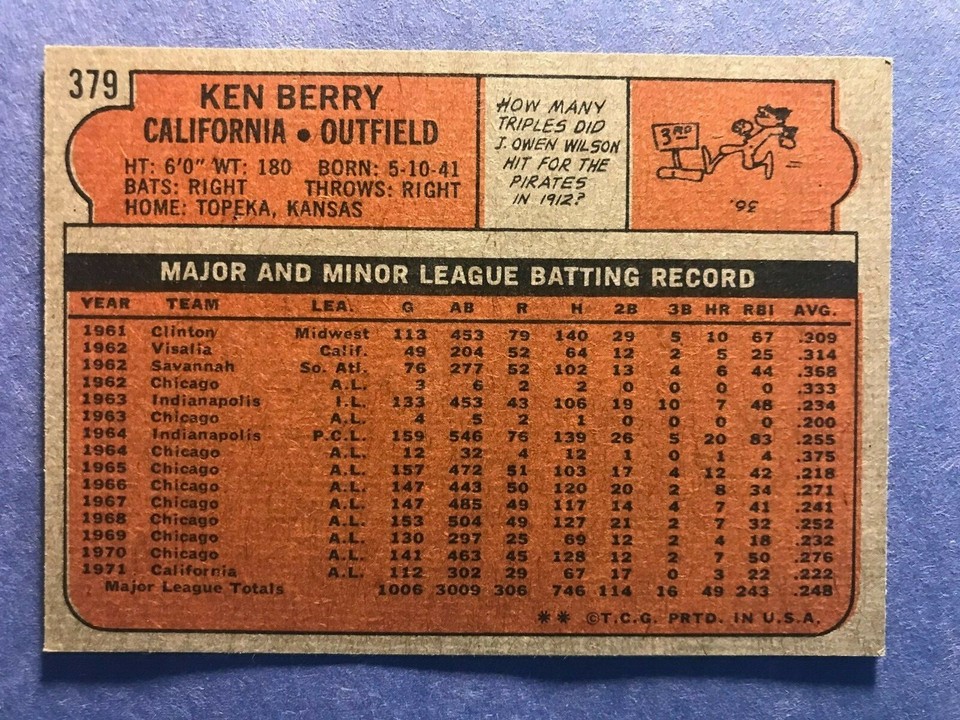 SIGNED KEN BERRY AUTOGRAPHED 1972 BASEBALL CARD - ANGELS | eBay