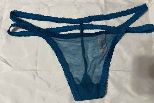 NWT VICTORIA'S SECRET BLUE POLKA DOT MESH RUFFLE STRAPPY V STRING THONG ...