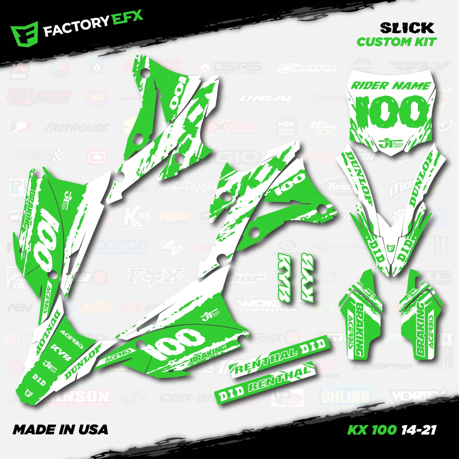 Green & White Slick Racing Graphics Kit fits Kawasaki Kx100 14-21 ...