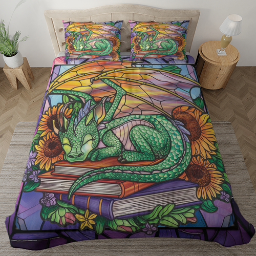 Fantasy Dragon Bedding Set with Books Floral Duvet Cover Gift for Book ...