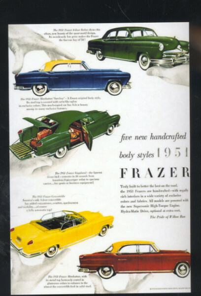 1951 FRAZER CAR DEALER ADVERTISING POSTCARD COPY '51 FRAZIER CARS | eBay