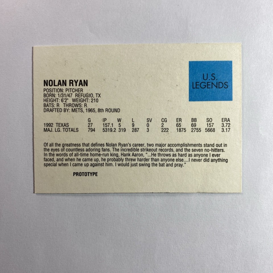 Nolan Ryan Texas Rangers Gold Foil US Legends Prototype Baseball Card ...
