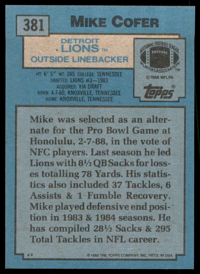 1988 Topps Mike Cofer. . Detroit Lions #381 | eBay