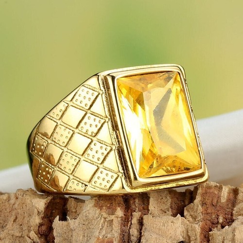 Men's Women's Classic Square Amber CZ Wedding Ring Stainless Steel ...