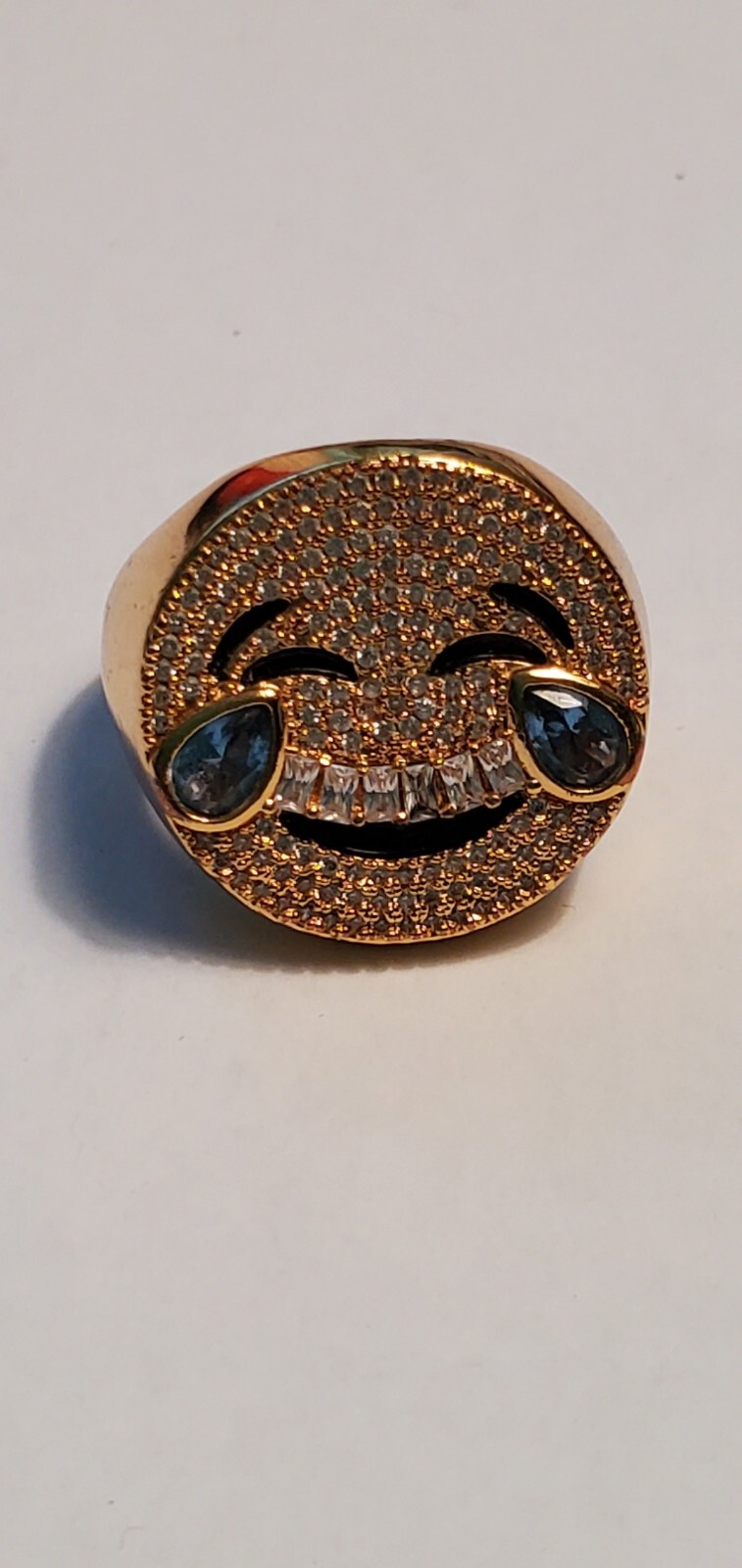 Crying Laughing Smiley Face Emoji CZ Golden Ring Size… - Gem