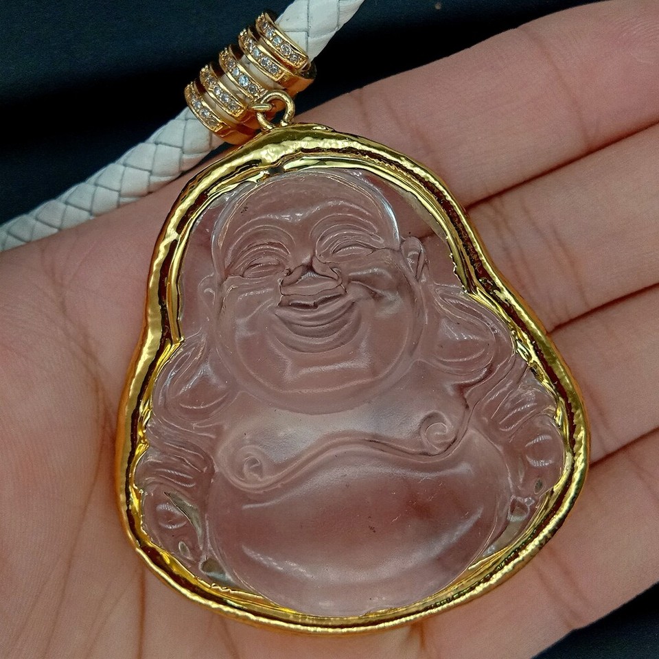 White Leather Choker white Quartz Carved Buddha Pendant Necklace 19" | eBay