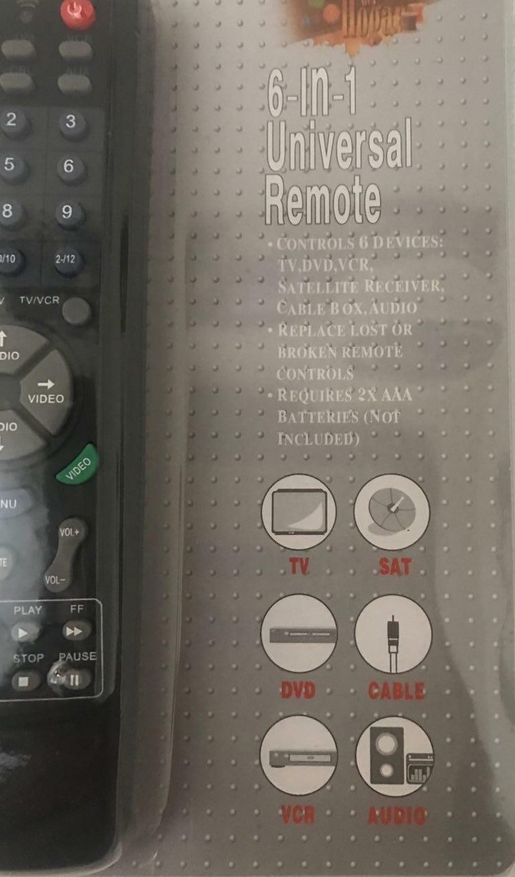 Universal Remote Black 6-IN-1 Control TV Satellite DVD Cable Box VCR ...