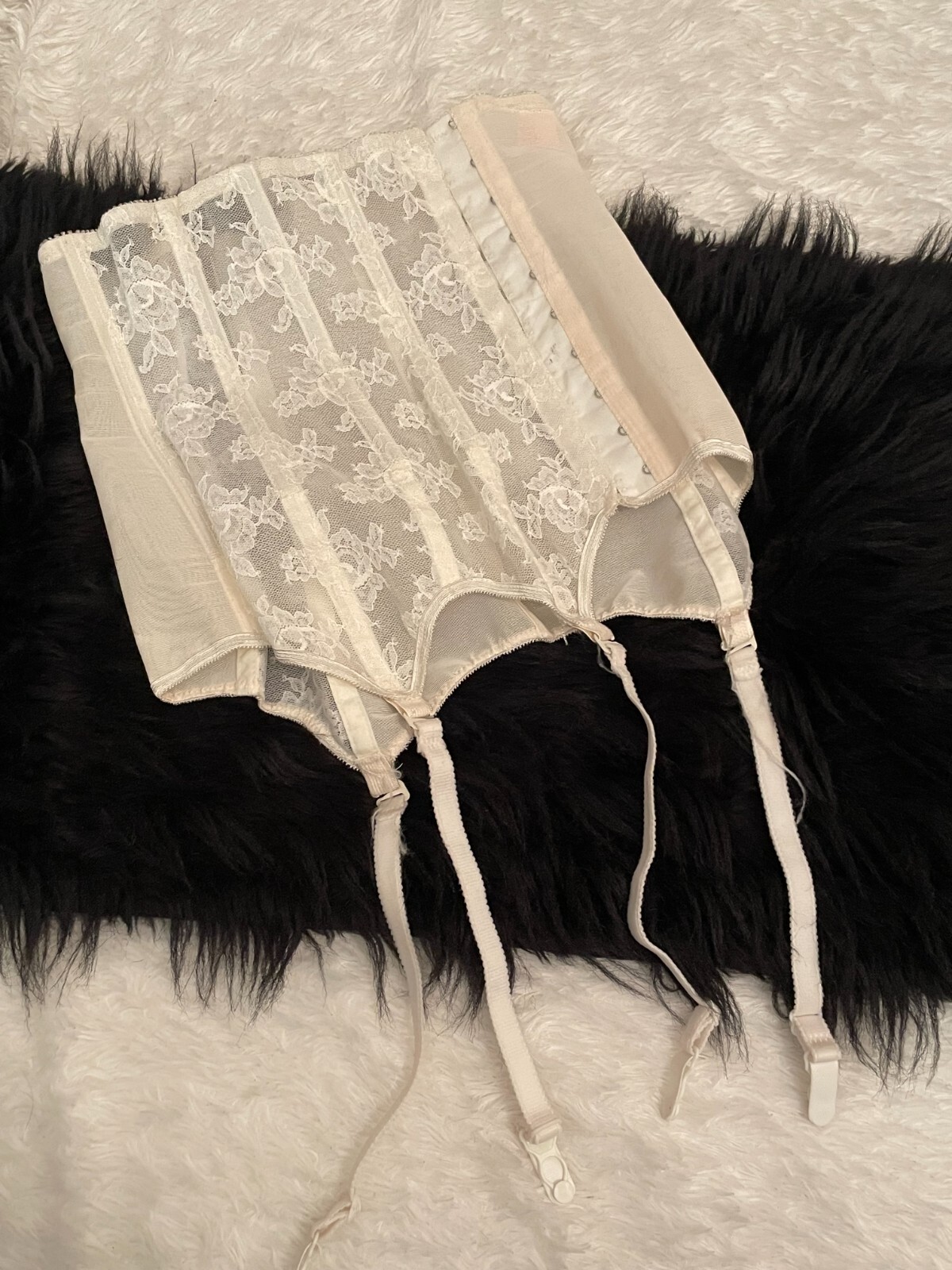 RARE Vtg Open CORSET Waist Cincher Girdle Garters FLORAL LACE Charmode ...