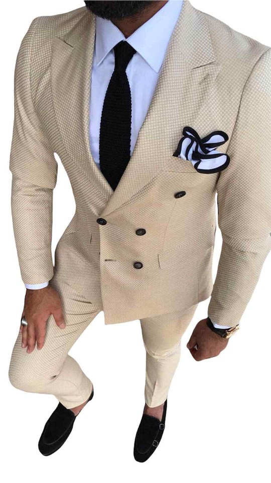Designer Double-Breasted Men's Suit Beige White Checked Tailored Slim ...