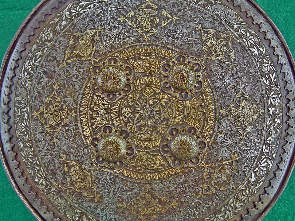 Antique Islamic Mughal India Indo Persian Indian Gold Damascened Shield ...
