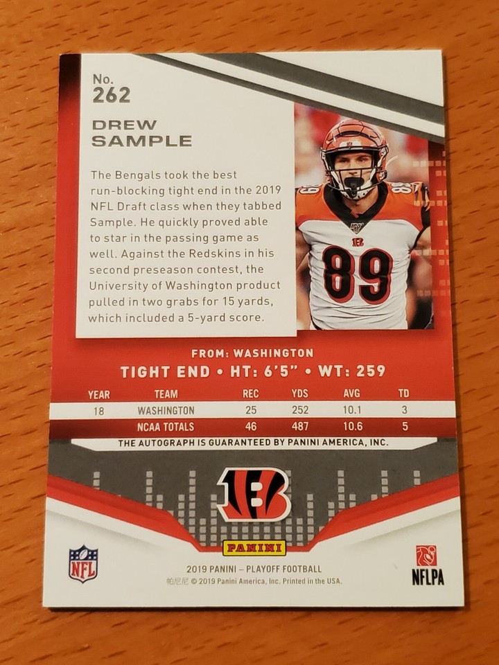 2019 Playoff Rookies Autographs #262 Drew Sample Washington Bengals TE ...