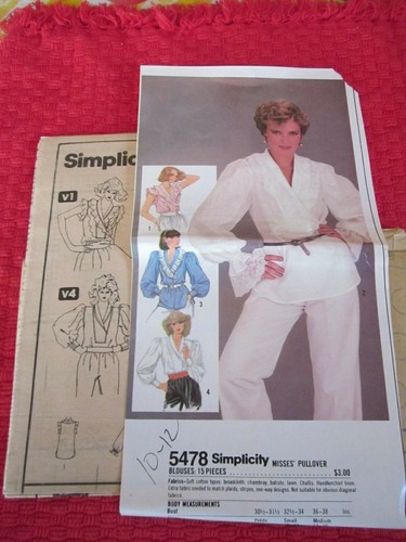 VINTAGE Simplicity 5478 SEW PATTERN Misses BLOUSE TOP 4 Styles SZ 10-12 ...