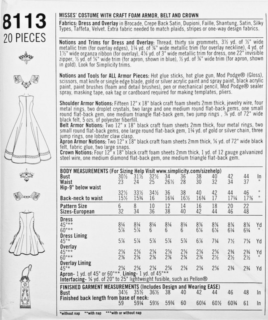 Simplicity 8113 H5 Warrior Princess Zelda Armor Costume Pattern Misses ...