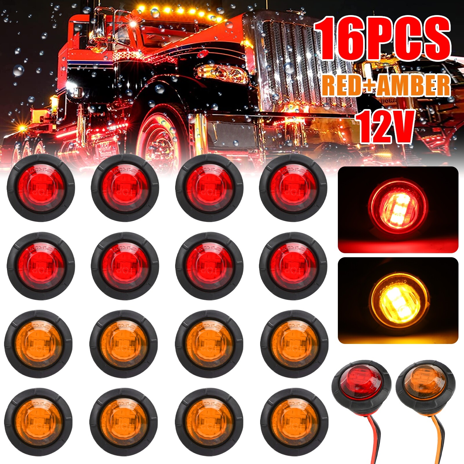 16X Pickup Round Side Marker Lights 3/4" LED Bullet Truck Trailer Red ...