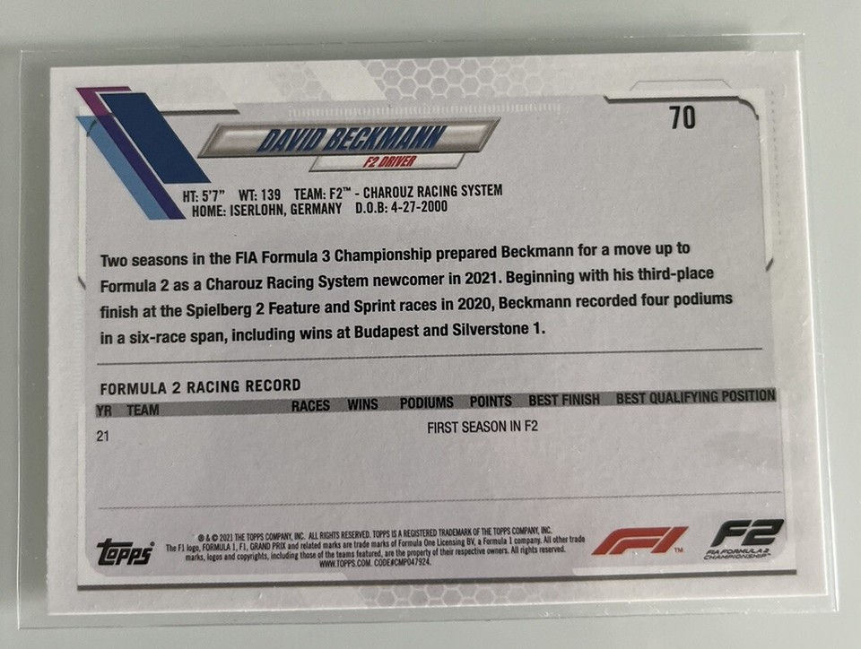 2021 Topps Formula 1 #70 David Beckmann Future Star F1 Racing Card RC ...