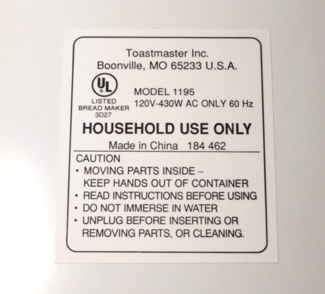 Toastmaster Bread Maker 1195 - Control Panel w/ Screws - Excellent ...