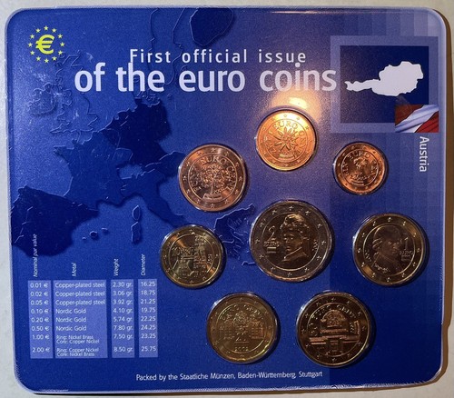 2002 Austria First Official Issue Of The Euro Coins Uncirculated Coin ...
