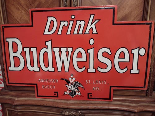 LARGE BUDWEISER 30" PORCELAIN SIGN OLD BEER BOTTLE BEVERAGE ALCOHOL BAR ...