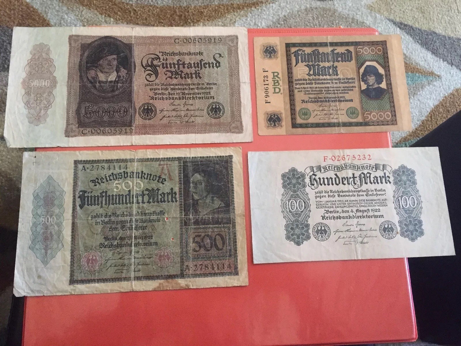German Bank Notes Lot 4 Rare Currency 500 5000 1922 P77 73 75 78 FREE ...