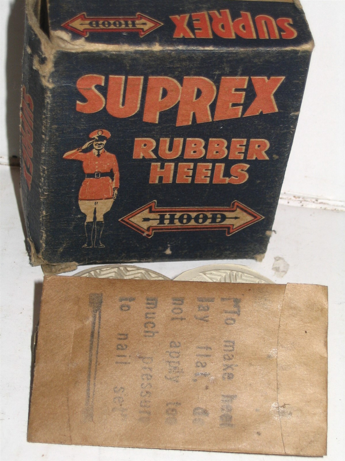Early Hood Tires Suprex Rubber Heels Box Full w Trademark Hood Tire Man ...