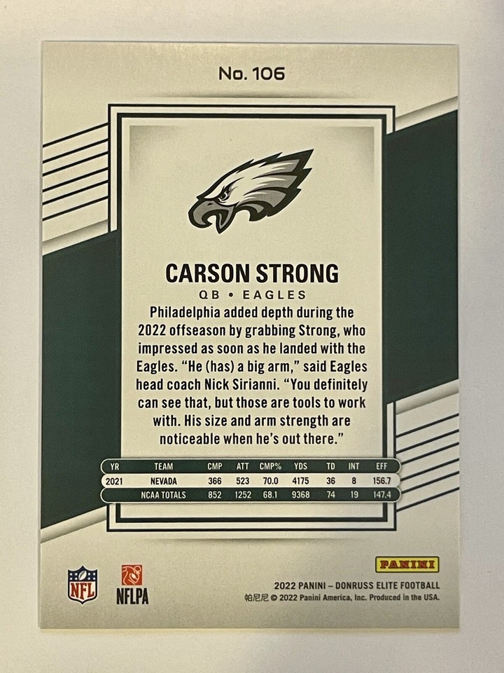 Carson Strong 2022 Donruss Elite #105 Aspirations Red /499 Philadelphia ...