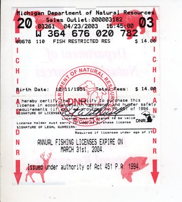 2003 MICHIGAN RESIDENT FISHING LICENSE BACKTAG RESTRICTED - MICHIGAN ...