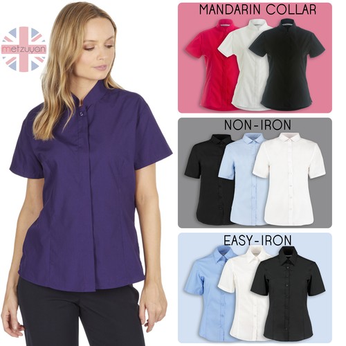 Womens Ladies Smart Short Sleeve Shirt Mandarin Collar Fitted Workwear ...