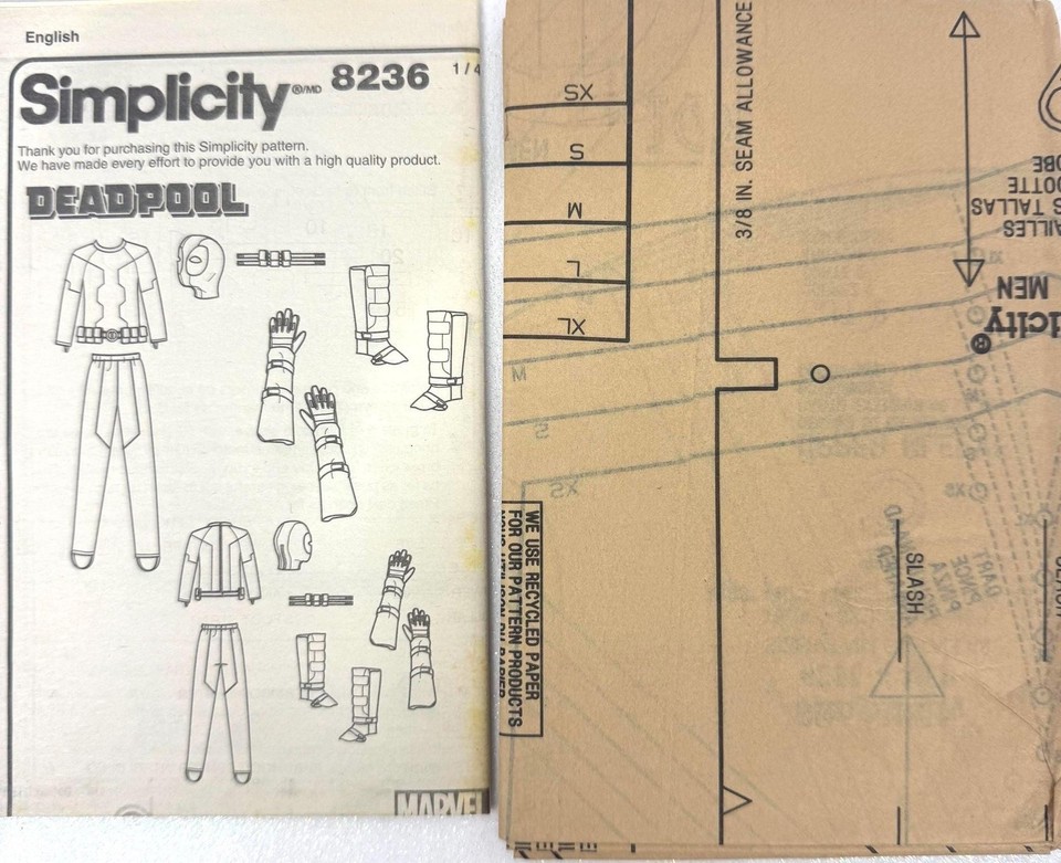 Simplicity Pattern 8236 Marvel Deadpool Costume Cos Play Mens SZ XS-XL ...