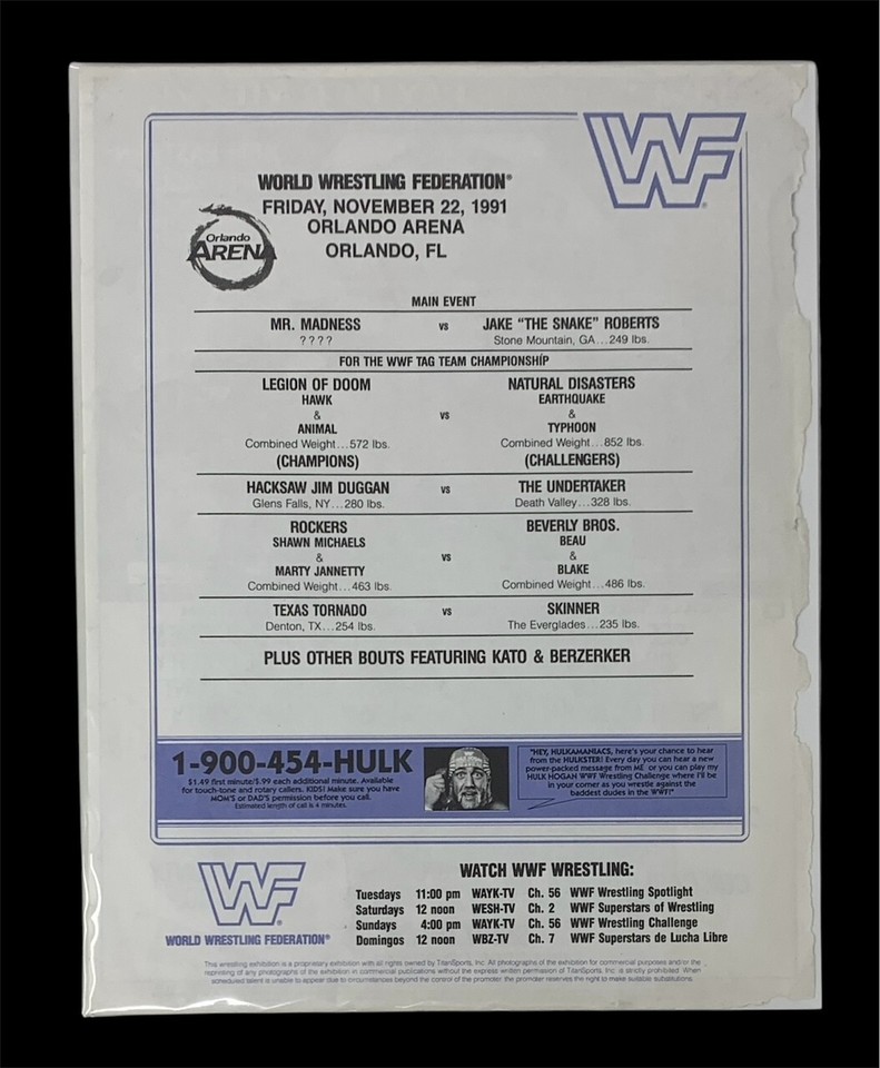 1991 WWF Official Program Line-Up Sheet Wonderful v Snake + Tag Team ...
