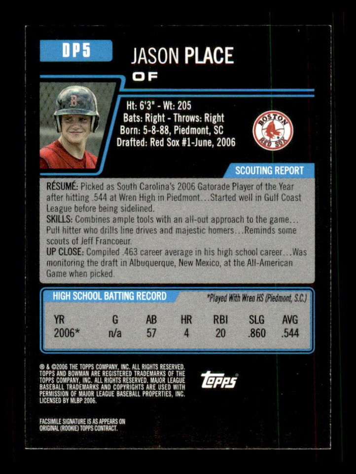 2006 Baseball Bowman Jason Place Boston Red Sox #DP5 DP | eBay