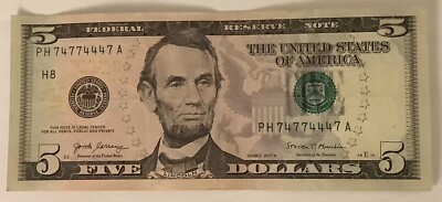 Binary Fancy Serial Number 7s 4s (74774447) $5 Dollar Bill 2017 A | eBay