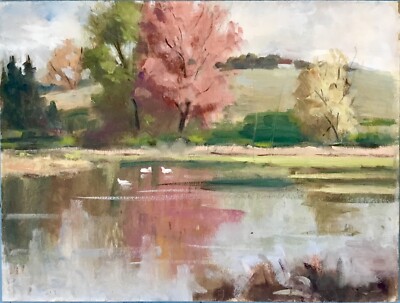 HARRY BARTON ORIGINAL VTG PAINTING ON BOARD AUTUMN LANDSCAPE/POND SCENE ...