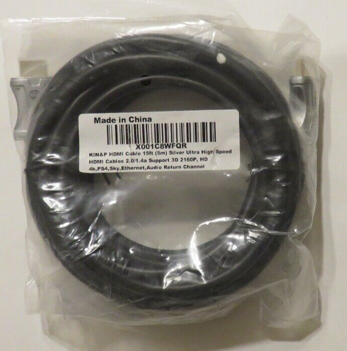 KIN&P HDMI Cable 15ft (5m) Silver Ultra High Speed 2.0/1.4a Support 3D ...