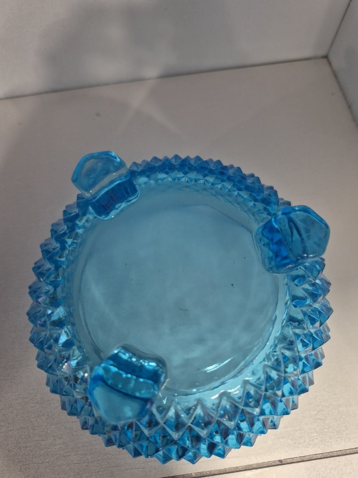 Vintage Indiana Glass Blue Diamond Point 3 Toed Candy Dish Bowl Glows ...