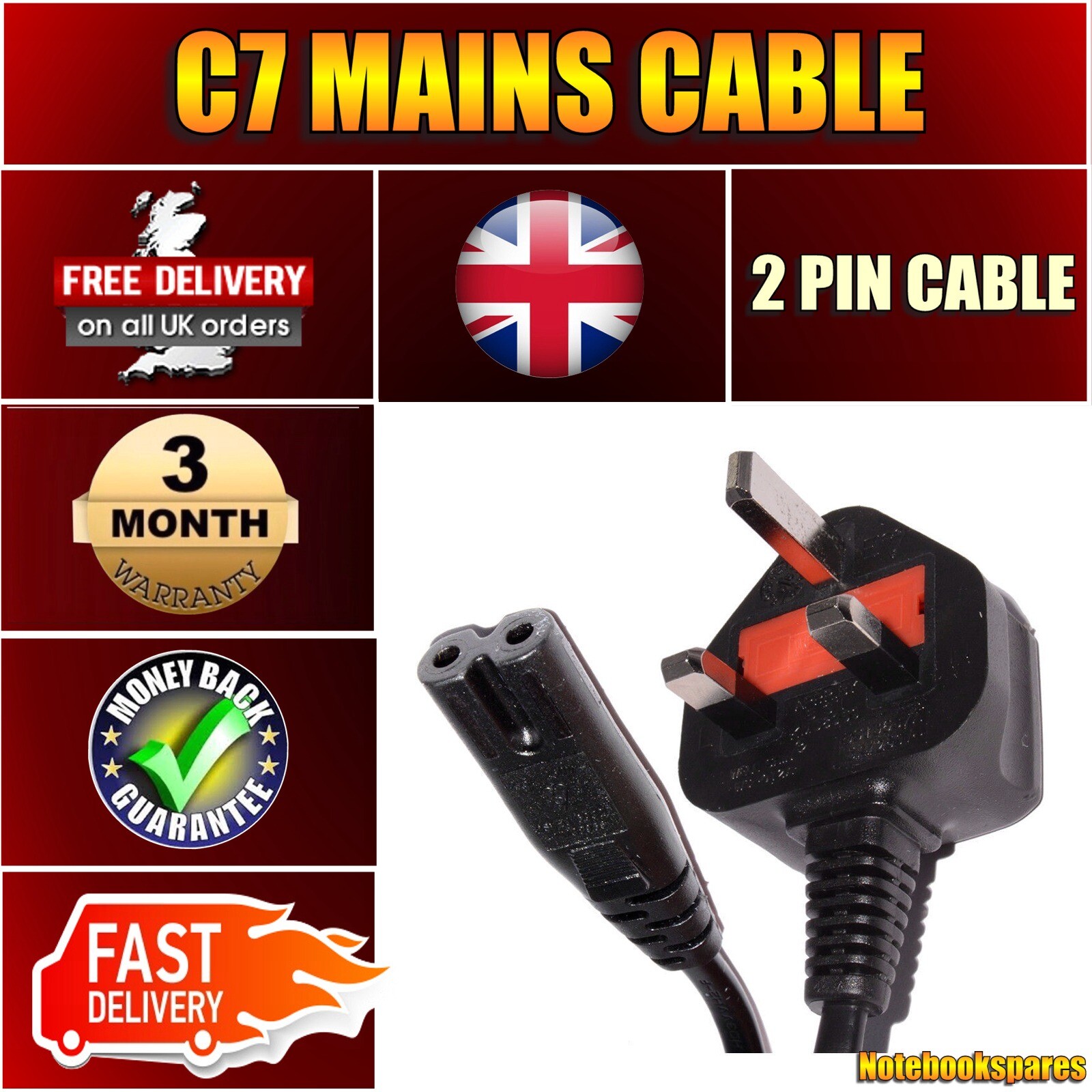 1.8m Long Black 2pin Power Cable Lead Main Figure 8 UK Plug 2Pin | eBay UK