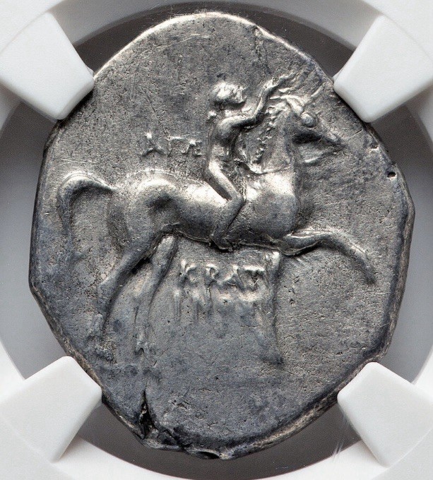 CALABRIA Taras 302-280 BC, Greek AR Didrachm SILVER Dolphin Horse Coin ...