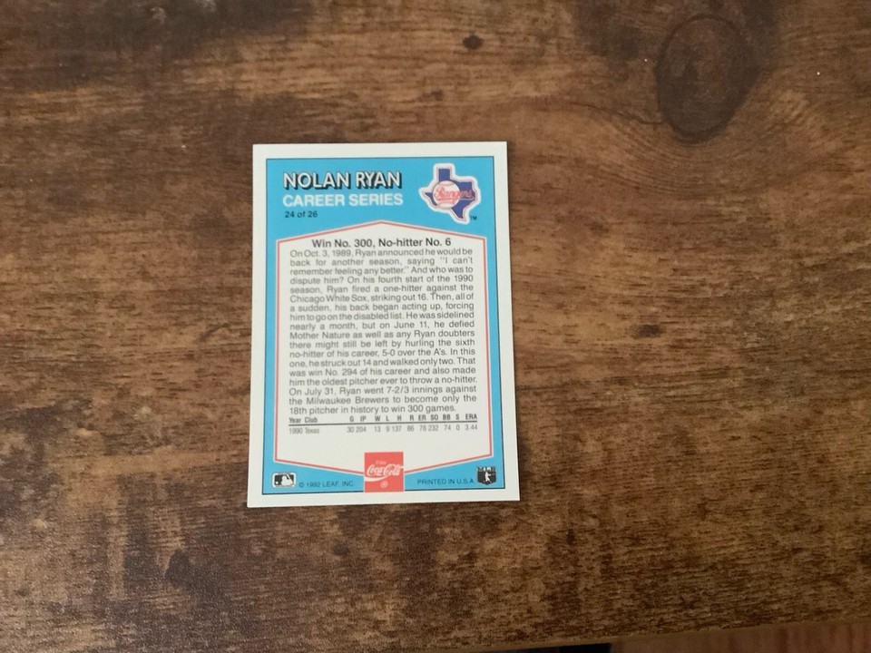 1992 Donruss Coca-Cola Coke #24 Nolan Ryan Texas Rangers Baseball Card ...