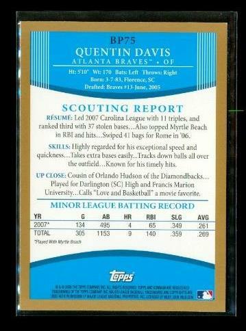 2008 TOPPS 1ST BOWMAN Gold Baseball Card BP75 QUENTIN DAVIS Atlanta ...